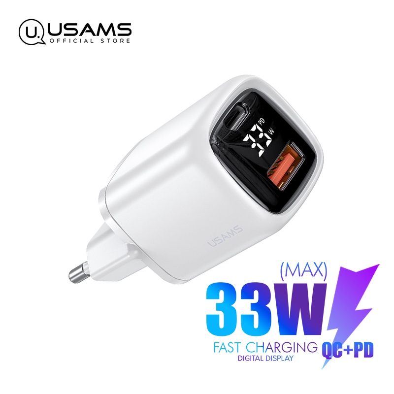 USAMS 33W QC+PD Dual Port Digital Display Fast Charger PPS High Power ...