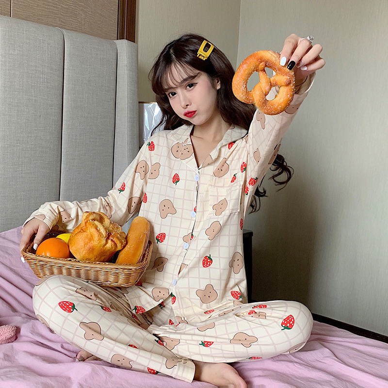 [Aut Item] Cute beige long-sleeved women's pajamas set (with real video ...