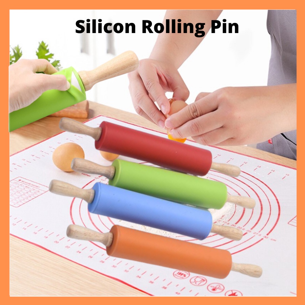 Silicon Baking Rolling Pin Measurement Non-Stick Wooden Handle Rolling ...