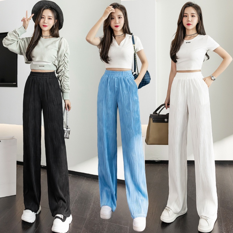 Ready Stock Women High Waist Wave Pants Straigh Casual Wide Leg ...