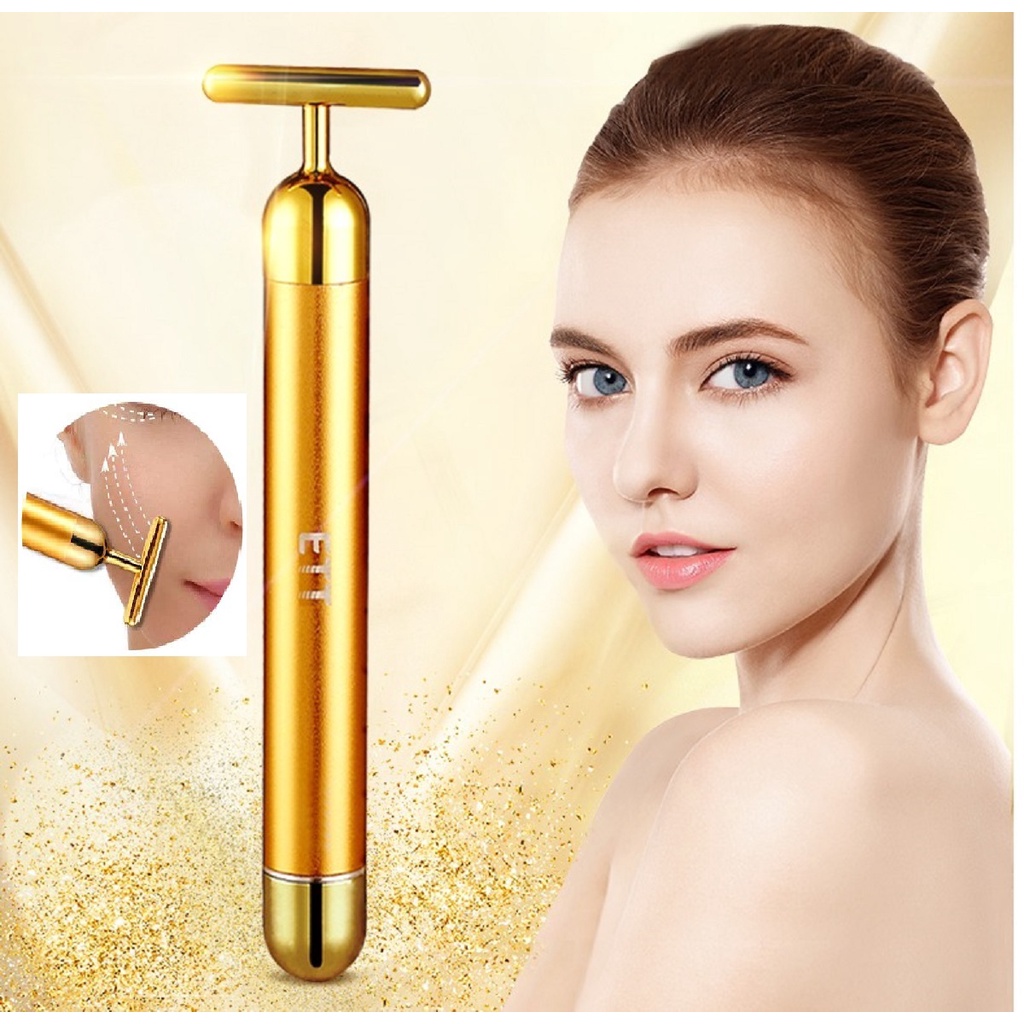 24K Energy Gold T Bar Vibration Face Roller Massage Facial Tools Lifter ...