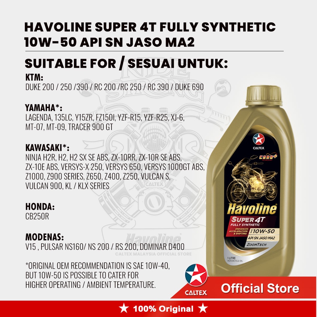 CALTEX Havoline Super 4T 10W-50 Fully Synthetic Motor Engine Oil API SN 4T 10W50 1 Liter ...