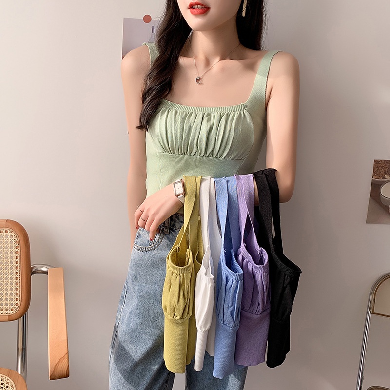 PRAPRA All-match Square Collar Tank Top Slim Fit Elastic Tops French ...