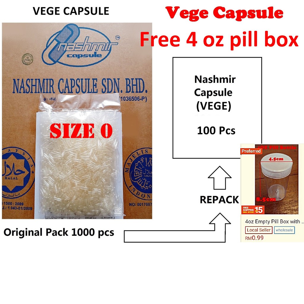 Nashmir Empty Vege Capsule Size 0 (REPACK 100) Free Pill Bottle/ Kapsul ...