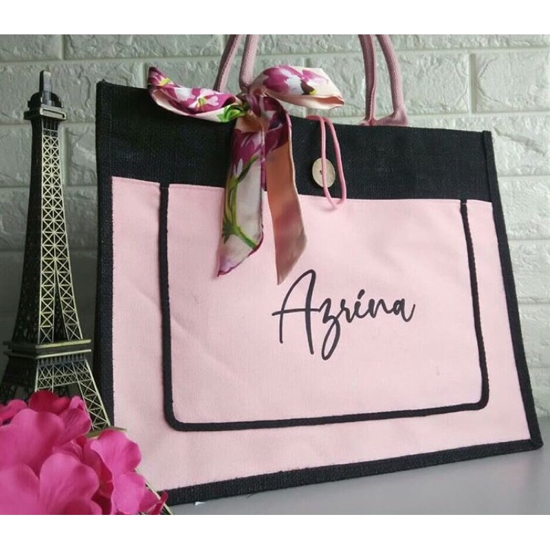 Beg Jute Canvas tulis Nama jawi dan rumi/ personalised name canvas jute ...