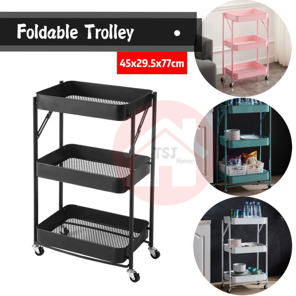 3 Tier Multi-functional Metal Trolley Storage Rack And Foldable With ...