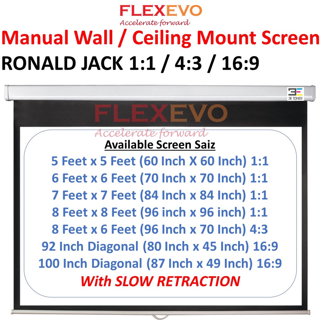 Manual Wall Ceiling Mount Projector Screen 1:1 4:3 16:9 100" Ronald ...