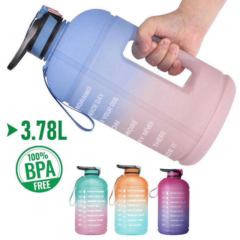 3.78L Gallon Water Bottle with Straw & Motivational Time Marker Large BPA Free Wide Mouth with ...