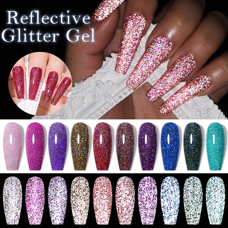 MEET ACROSS Reflective Glitter Gel Polish Bling Soak Off Nail Gel Colorful Nail Art Decoration ...