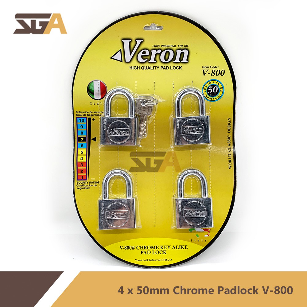Veron High Quality Chrome Key Alike Pad Lock 50mm with 4 keys KUNCI V ...