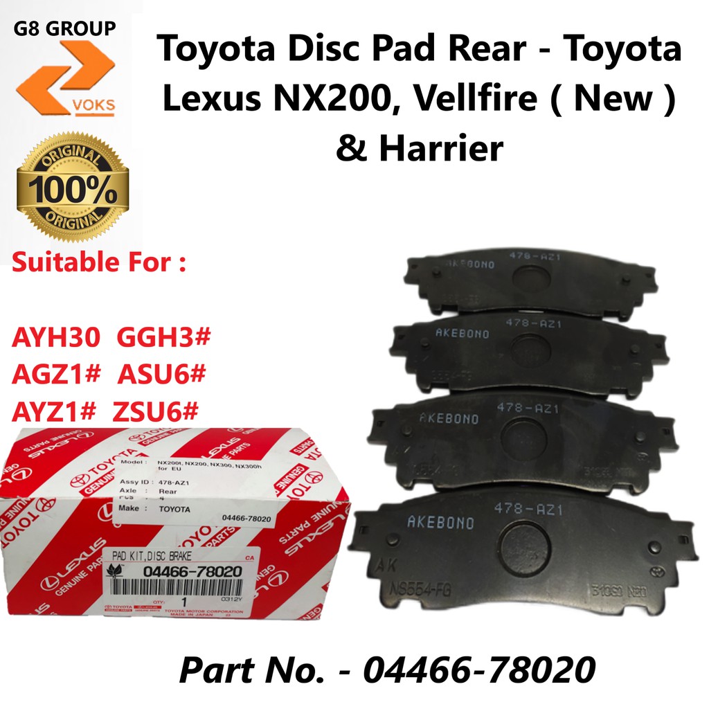 Toyota Disc Pad Rear - Toyota Lexus NX200, Vellfire ( New ) & Harrier ...