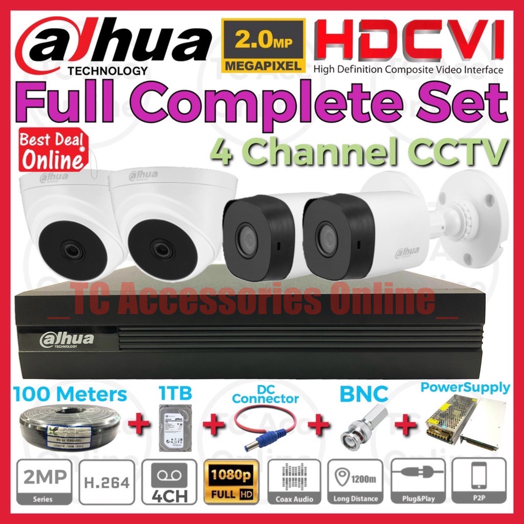 DAHUA 2MP Full Set DIY 🌟4-CHANNEL🌟 Full HD 1080P CCTV 4CH DVR + Camera ...
