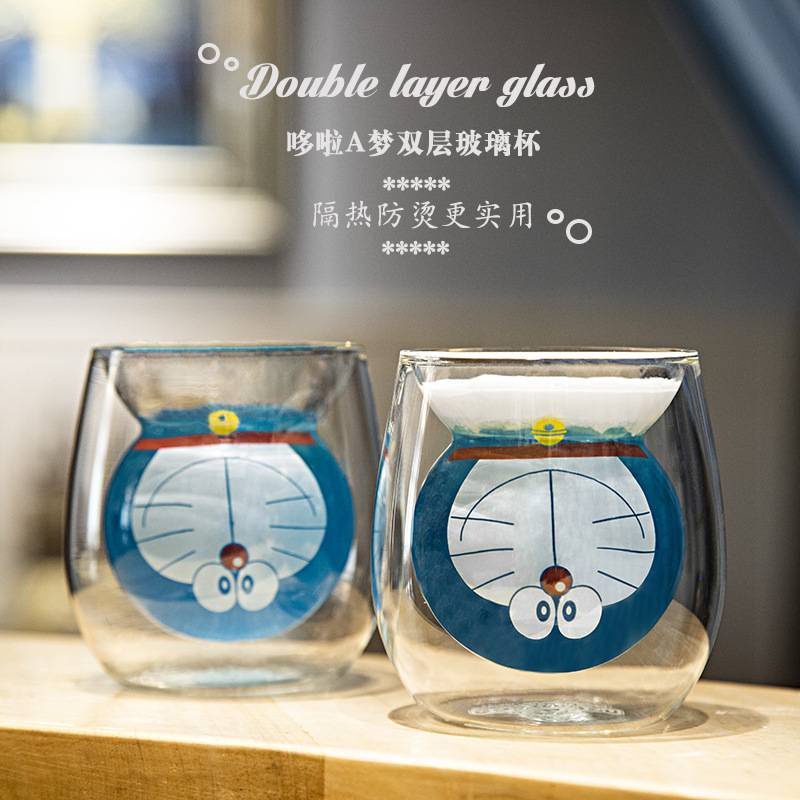 Doraemon Double-Layer Glass Cup Cartoon Style Children Insulation Milk ...