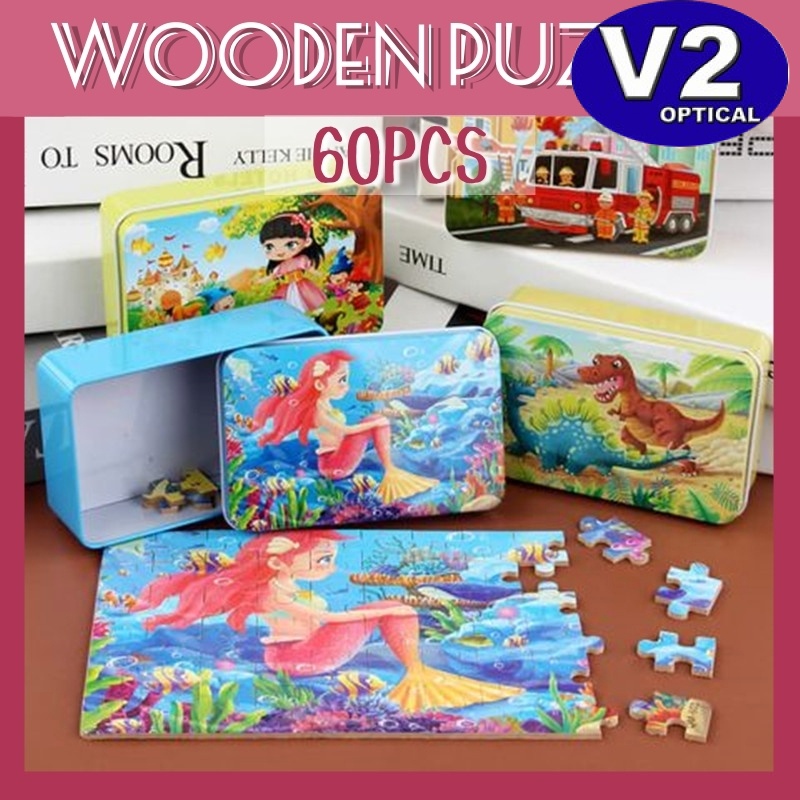 60pcs Wooden Cartoon Puzzle with Tin Kids Learning Jigsaw Puzzle Metal ...