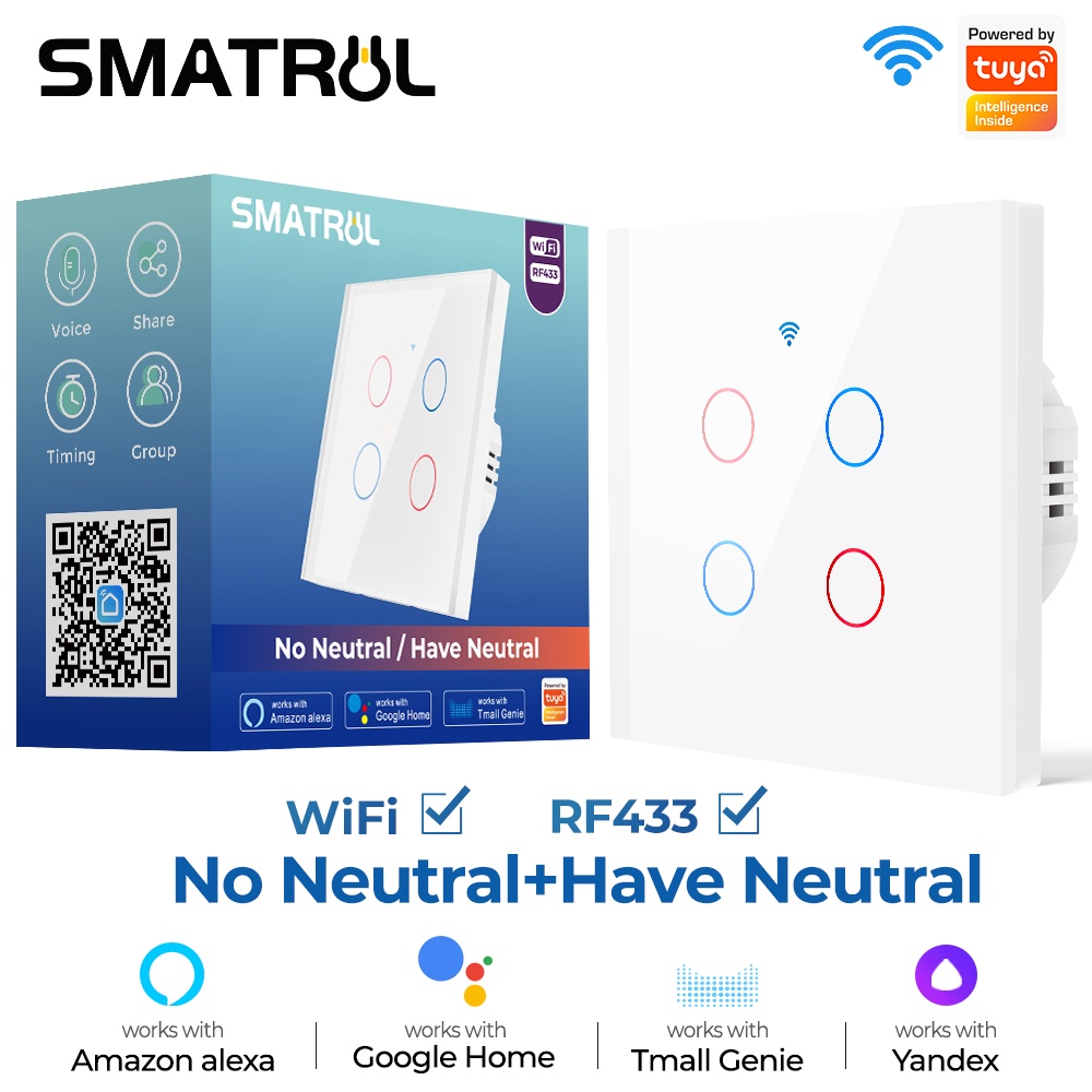 SMATRUL Tuya WiFi Touch Smart Switch Light Without No Neutral Wire ...