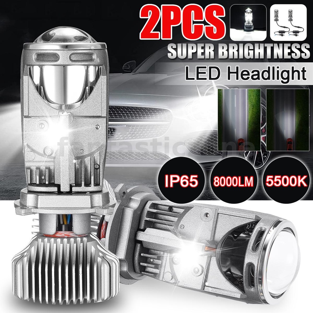 In Stock H4 Mini LED Projector Headlight Lens Headlamp Retrofit 8000LM ...