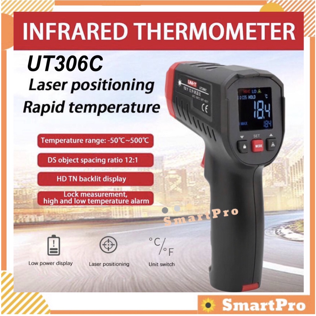 UNI-T UT306C Laser Infrared Thermometer Digital Industrial Non Contact Laser Temperature Meter ...