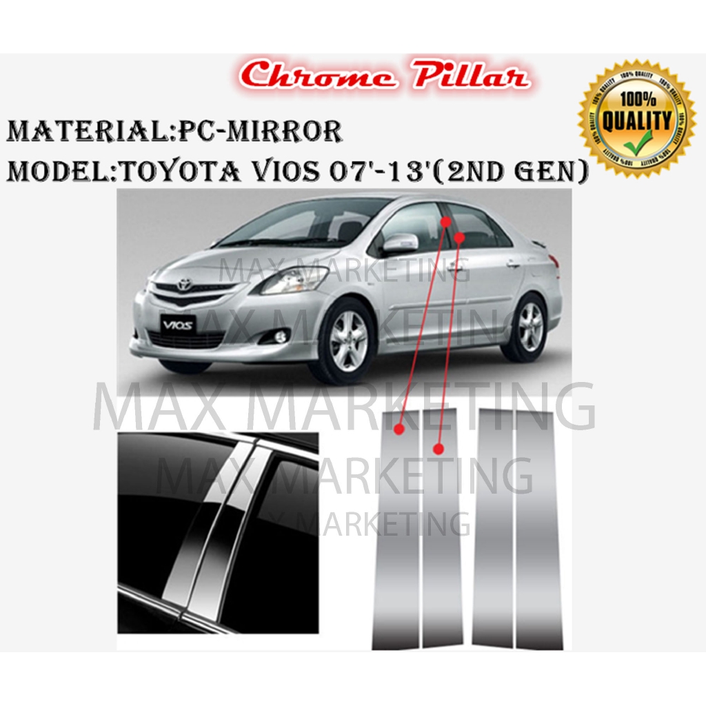 TOYOTA VIOS 07'-13'(2ND GEN) CHROME PILLAR DOOR WINDOW PILLAR TRIM ...