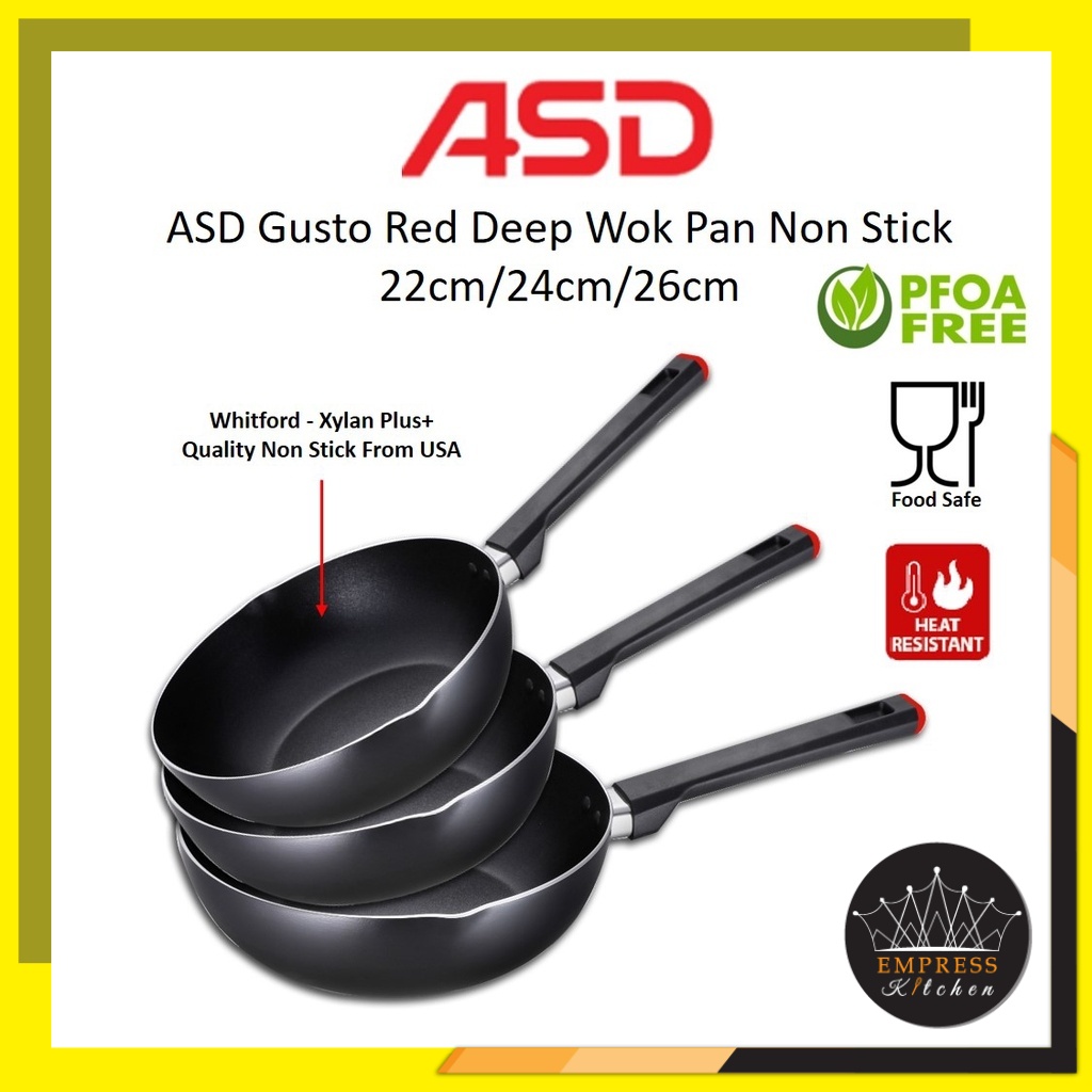 ASD Gusto Red Deep Wok Pan Non Stick 22cm/24cm/26cm HP8222D HP8224D ...
