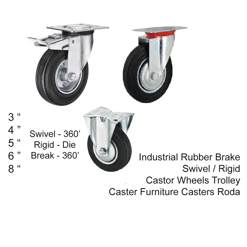[ 1 UNIT ] Black Industrial Rubber Brake / Swivel / Rigid Castor Wheels ...