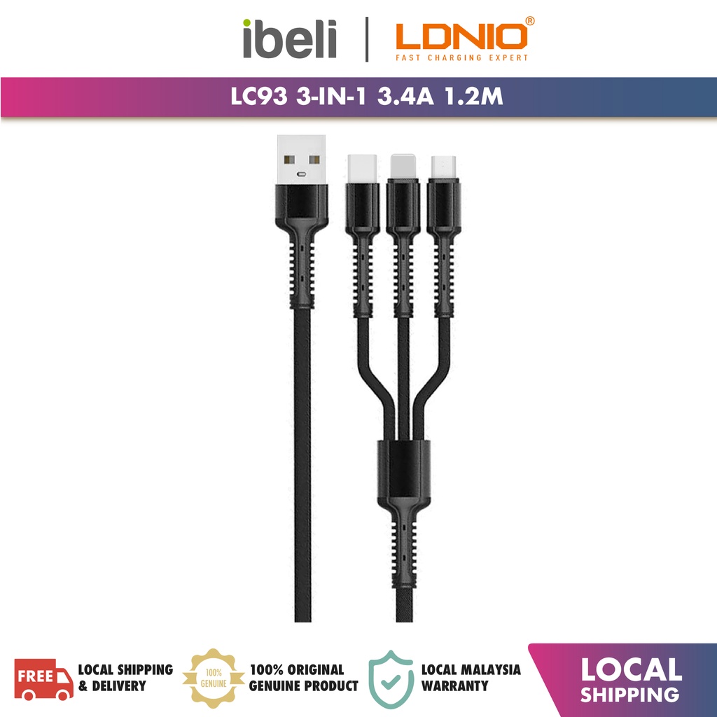 LDNIO LC93 3 IN 1 Fast Charge Cable 3.4A High Efficiency With Cable ...