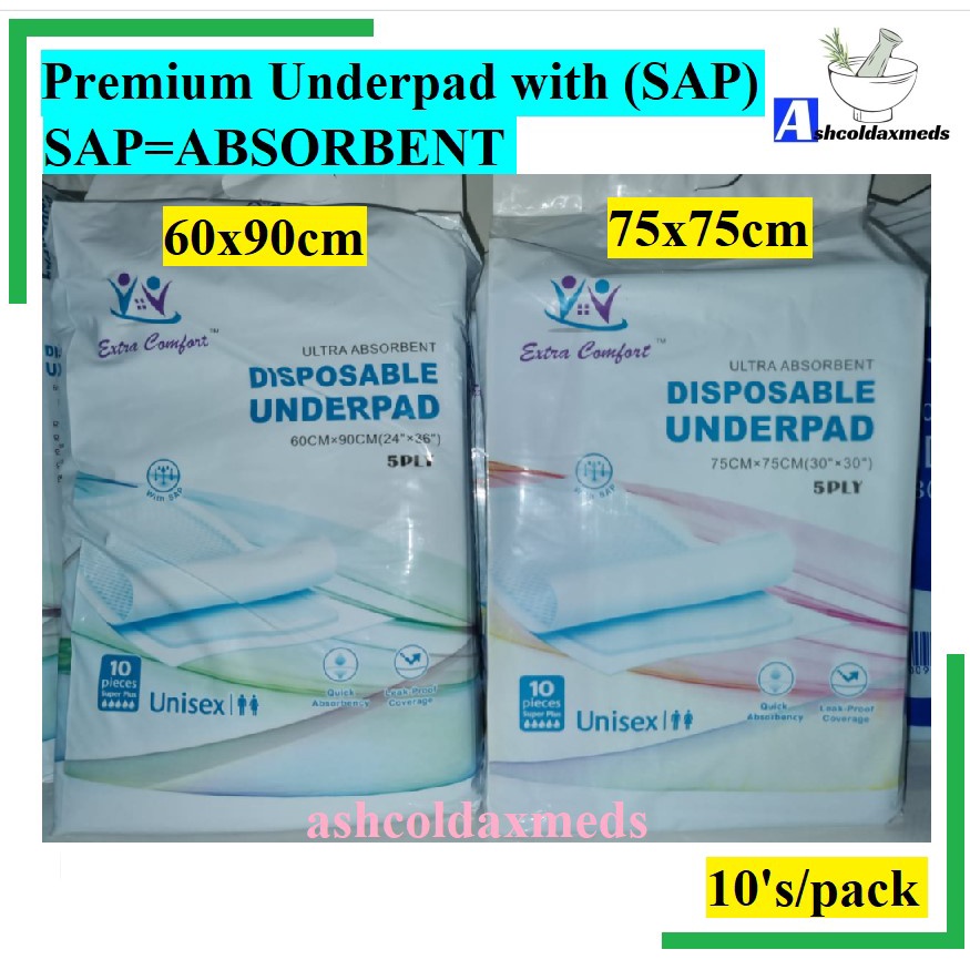 EXTRA COMFORT DISPOSABLE UNDERPAD 75CM X 75CM or 60CM X 90CM 10'S INCO ...