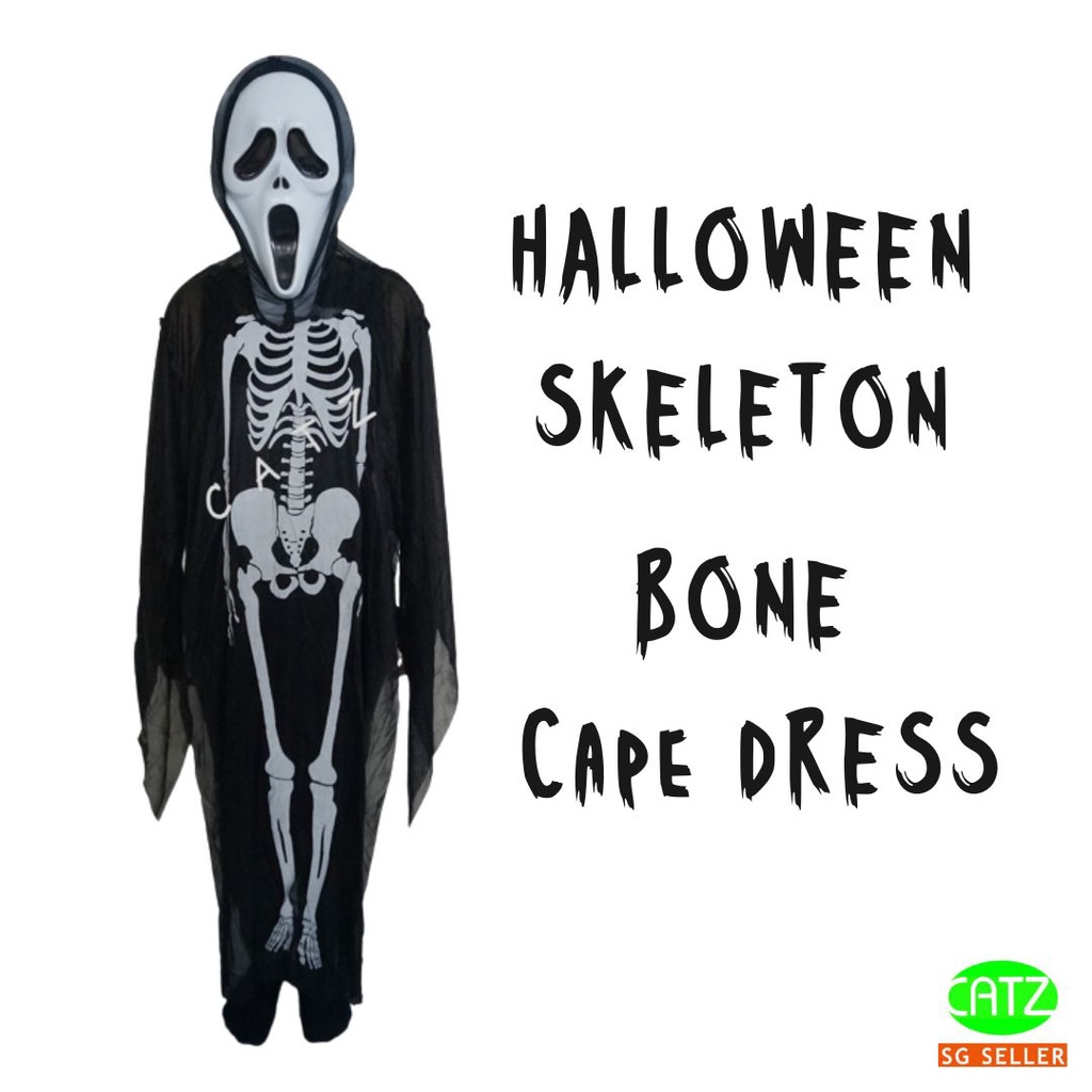 [SG SELLER] Halloween Costume Skeleton Cape Dress Scary Adult Kids Cape ...