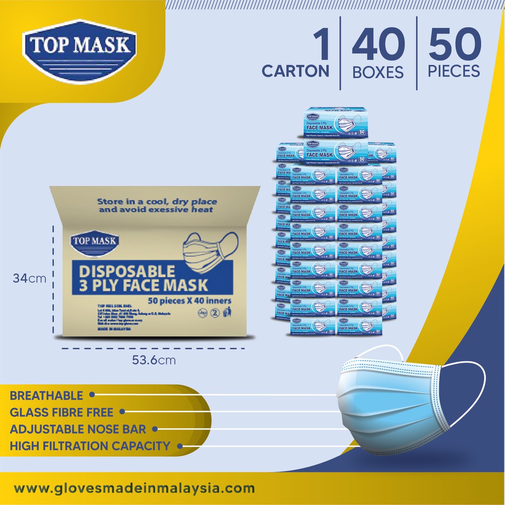 Top Mask Disposable 3 Ply Face Mask By Top Glove (50 Pcs/40 Box ...