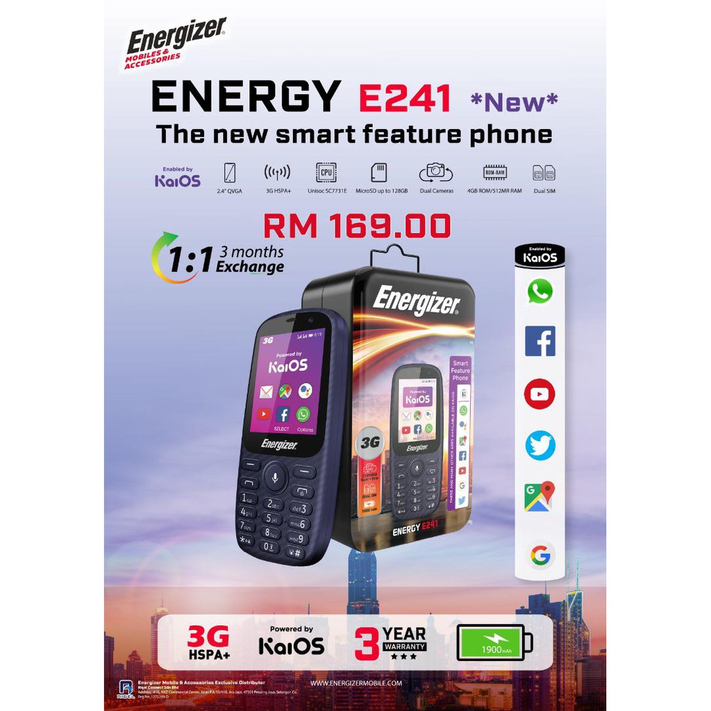 Energizer Energy E241 (3G) / E241S (4G) l Wi-Fi l Keypad Smartphone l Dual Sim l 3 Years ...