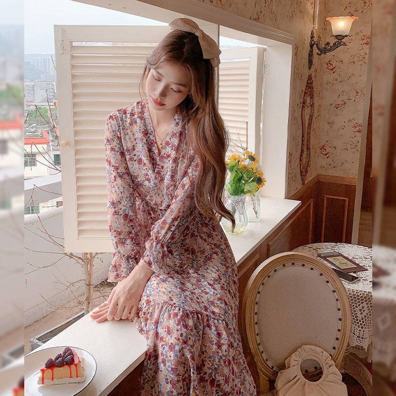 French V-neck ruffled chiffon dress spring and autumn floral long ...