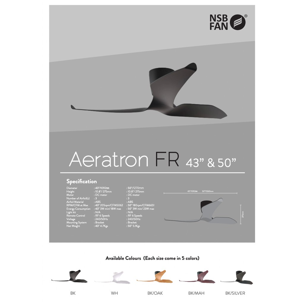 NSB AERATRON FR 3 BLADE 43" 50" DESIGNER DC CEILING FAN REMOTE CONTROL ...