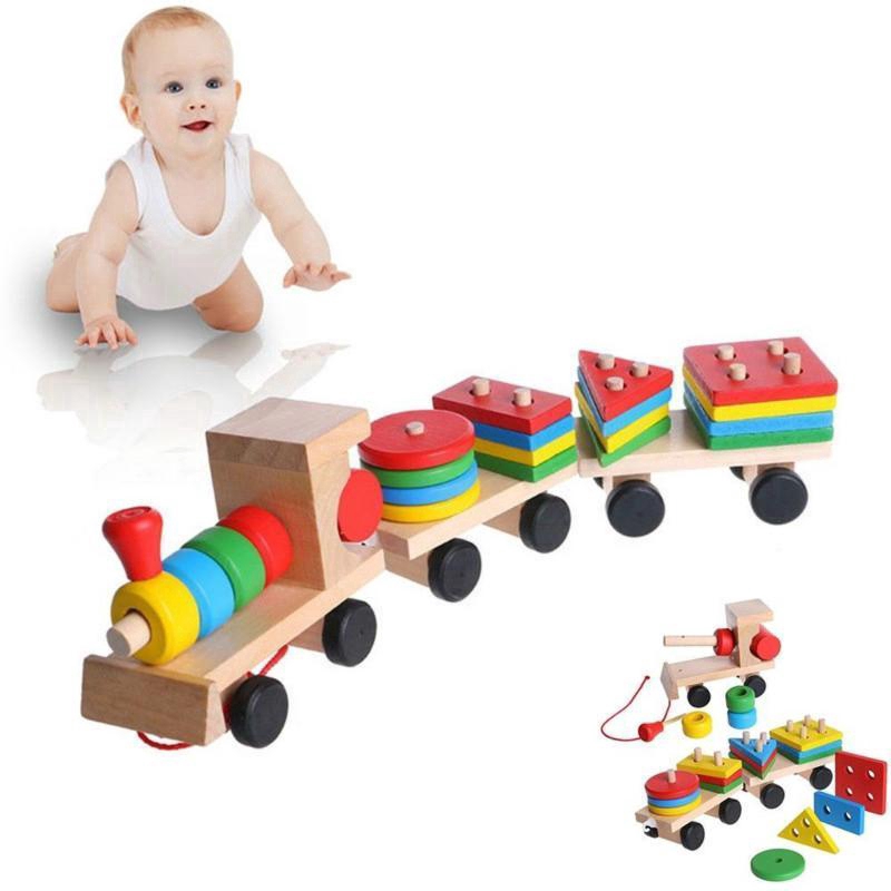 Wooden Three Trains Geometric Shape Matching Childhood Educational ...