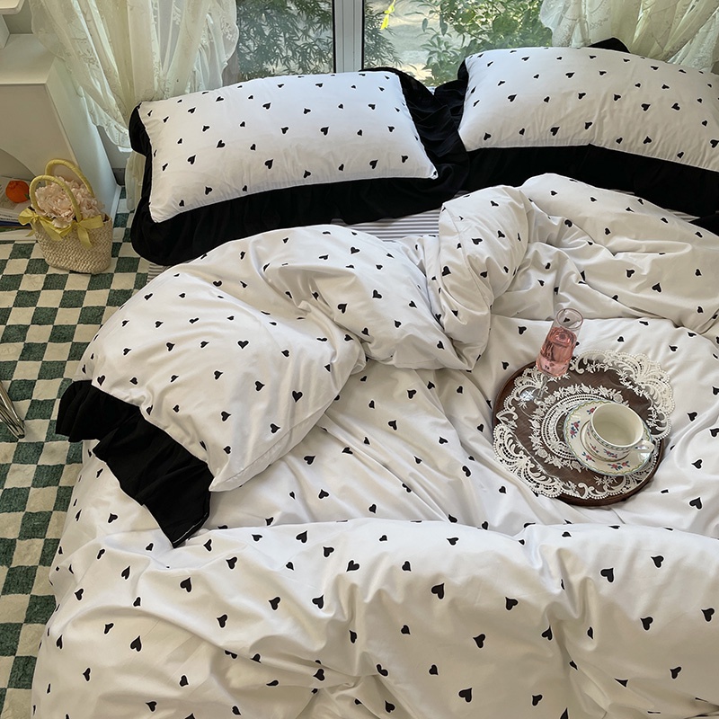 4in1 Ins Hepburn Style Bedsheet Set Black and White Heart Pattern Queen ...