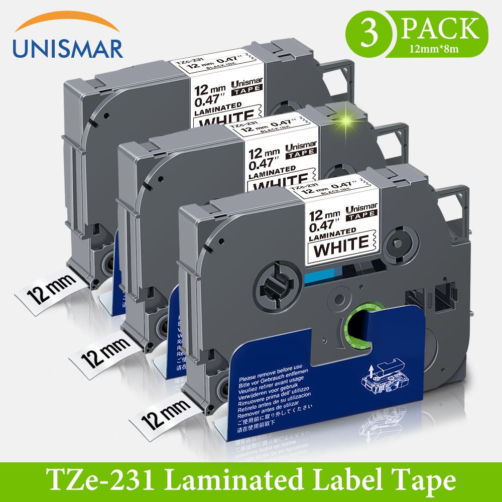 3 Pack Black on White TZe-231 for Brother 12mm Laminated Tape tze231 tze 231 Transaprent Label ...