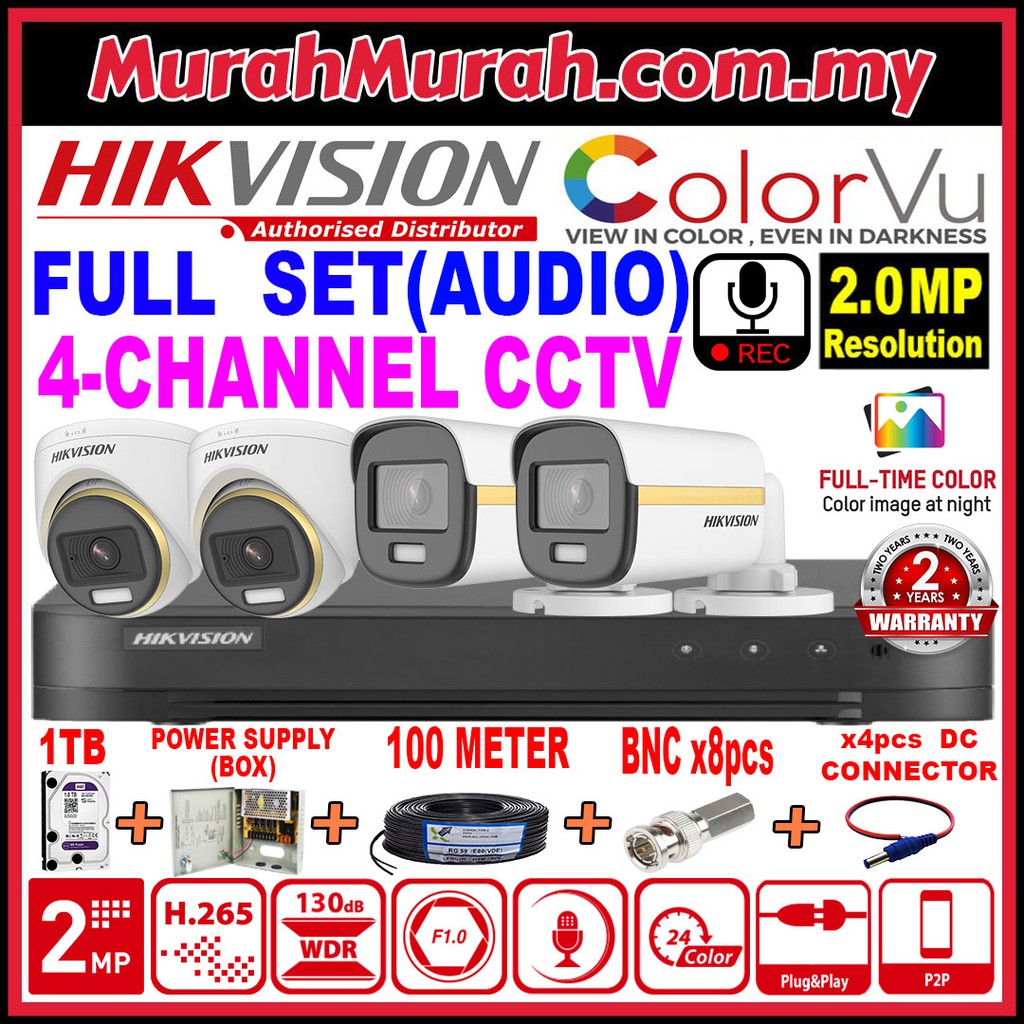 HIK HIKVISION 🌟4-CHANNEL🌟 2MP COLORVU/AUDIO 2.0MP Full Set 4CH COLOUR ...