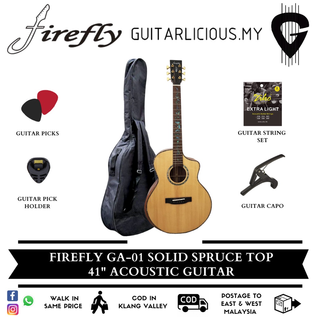 Firefly GA-01 Solid Spruce Top 41 inch Acoustic Guitar with Beveled Arm ...
