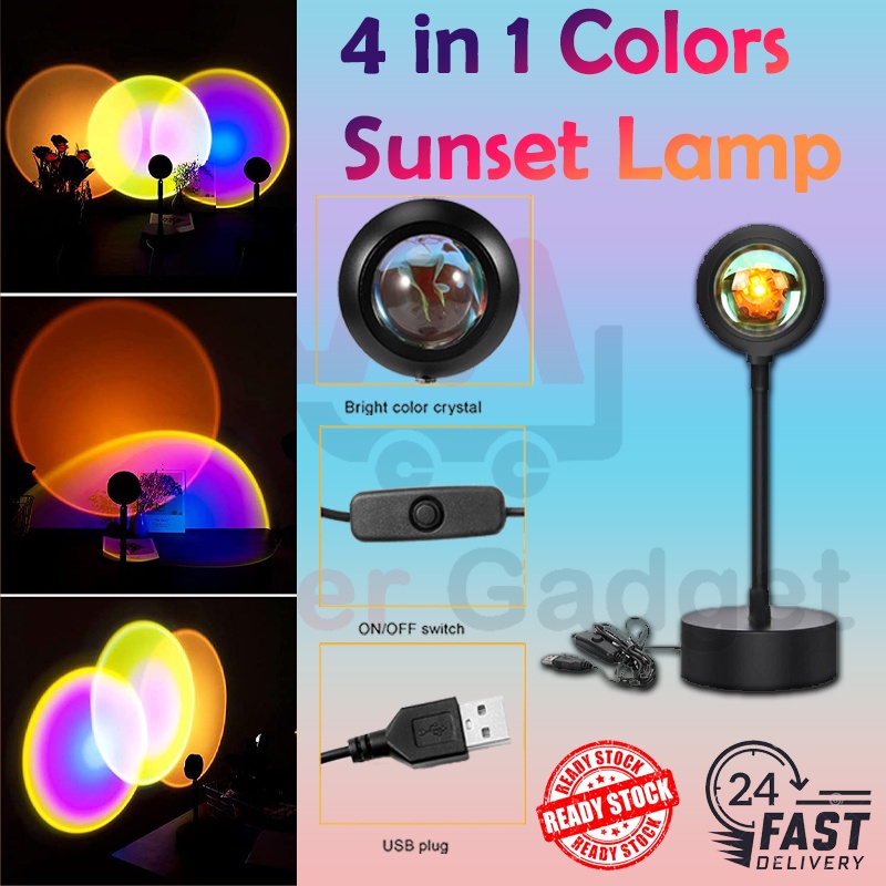 (Ready Stock) 4 in 1 Colors Sunset Lamp 180 Degree Rotation Rainbow USB ...