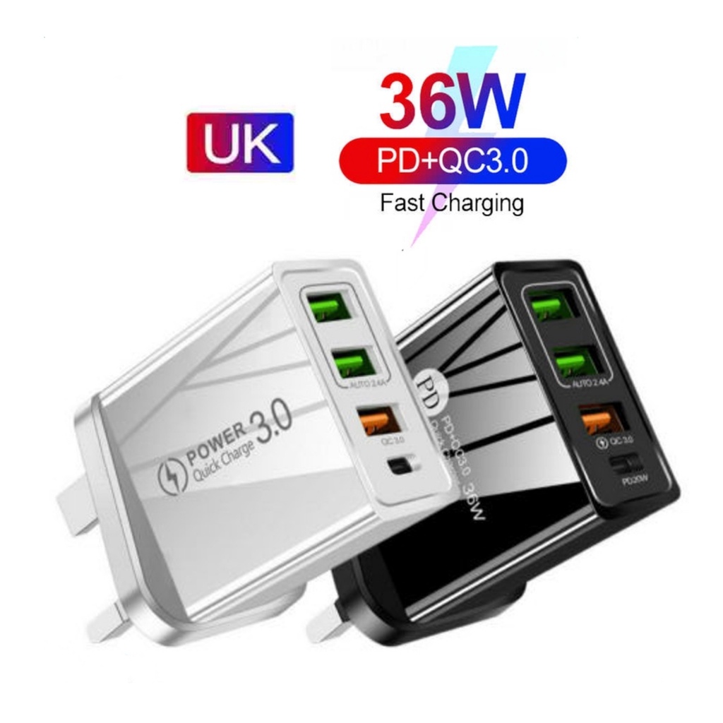 Quick Charge 36W QC 3.0 Multi-Port Type C PD 3 Port USB Wall Charger Type-C Quick Fast Charger ...