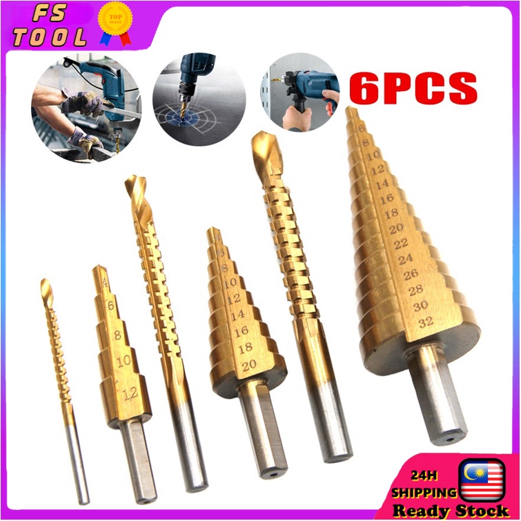 6Pcs 4-32mm Step Drill Bit Titanium Coated HSS Drill Bit Universa Hole ...