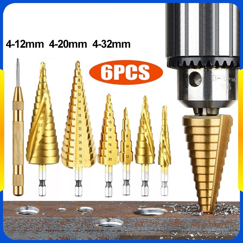 4mm-32mm Gerudi Step Hex Shank Step Drill Bit Set Titanium Coated HSS ...