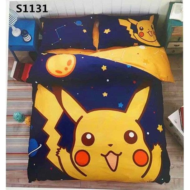 Patchwork Queen Size 4 in 1 pikachu dark blue yellow cartoon bedsheet ...