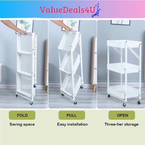 Rak Simpan Beroda Foldable 3 Tier Layer Storage Rack Kitchen Living ...