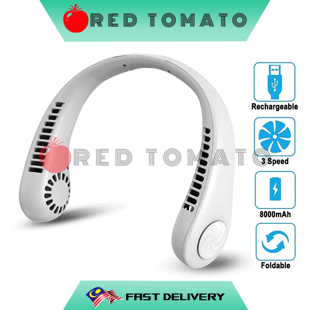 RED TOMATO Hanging Neck Fan Foldable Rechargeable Portable Bladeless ...