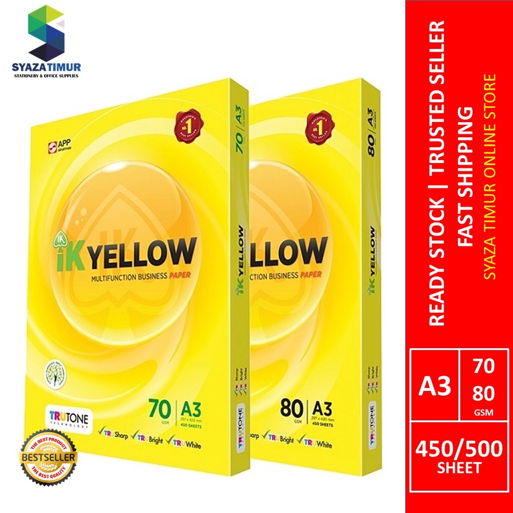 [ST-GR MY] IK Yellow A3 Paper 70GSM/80GSM 450's 500's / Kertas A4 ...