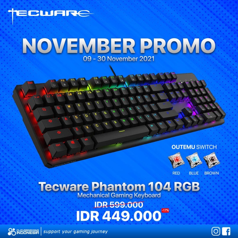 Tecware Phantom 104 Keys - Backlit Mechanical Full Size Keyboard-Blue ...