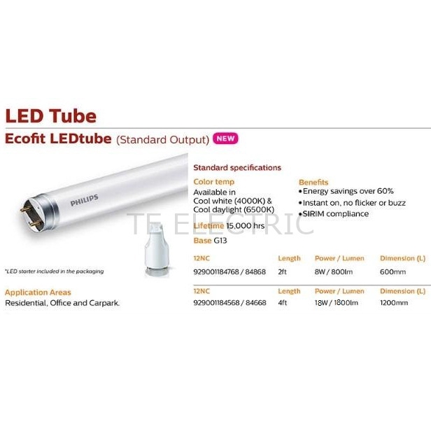 (5PCS) PHILIPS ECOFIT 18W T8 LED TUBE 1200MM 4FT 6500K ONE SIDE WIRING SIRIM DAYLIGHT | Shopee ...