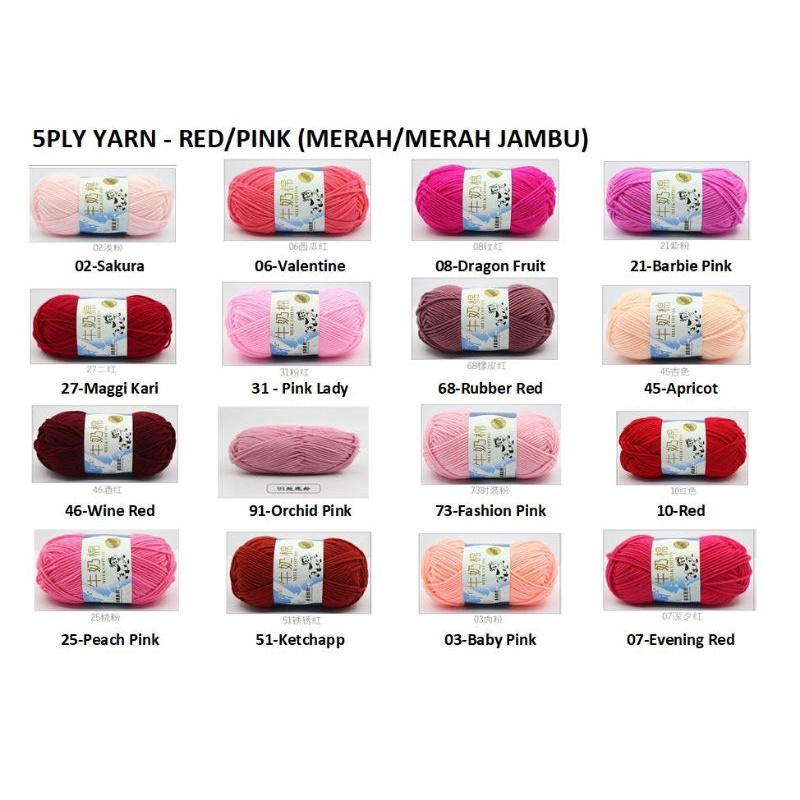 5ply Yarn( Red/Pink ) Crochet Knitting Yarn 5 Ply Milk Cotton Benang ...