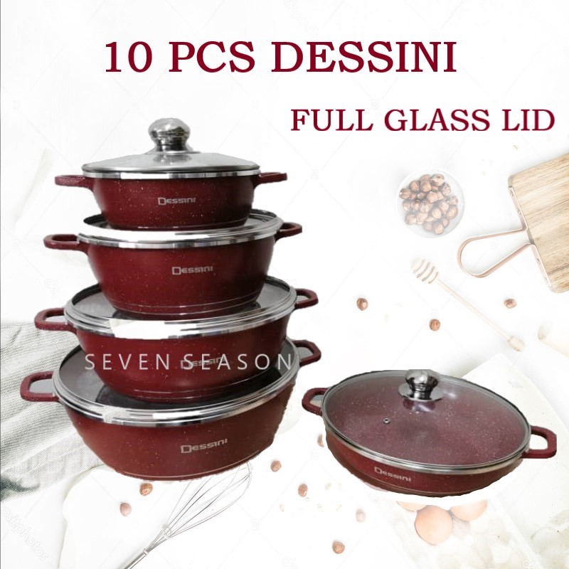 10PCS DESSINI COOKWARE SET Kitchen Cooking Pot Full Glass Lid Rendang ...