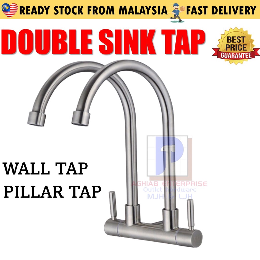 304 Stainless Steel Twin Double Pillar Mounted Tap Sink Tap Water Tap ...