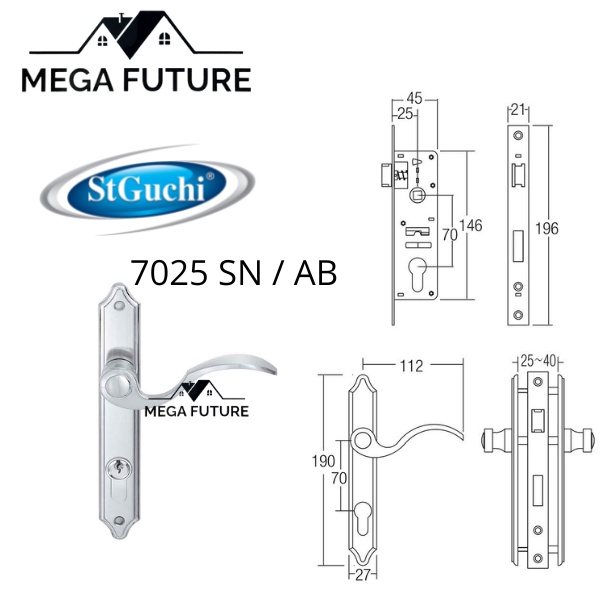 St Guchi Grill Door Lock 7025 Lever Mortise Handle Complete Set (SN/AB ...
